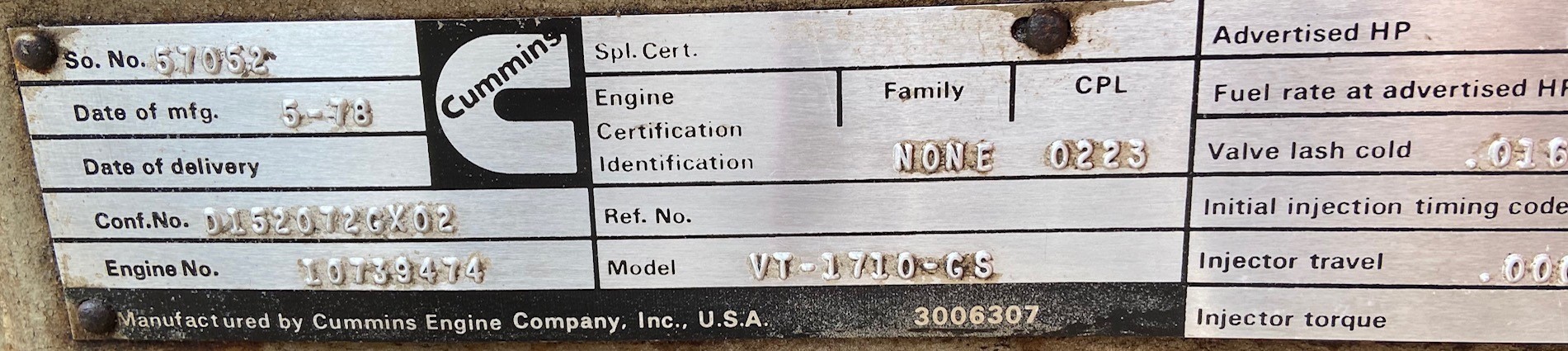 Used Cummins VT-1710-GS Diesel Engine 10739474