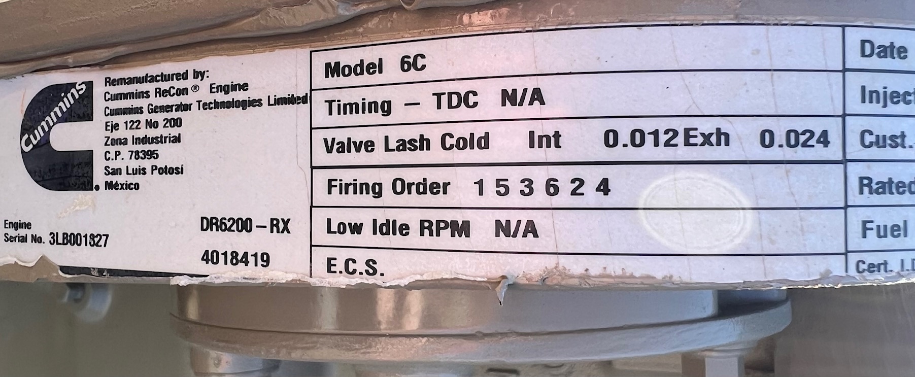 Recon Cummins 6C Gas Engine 3LB001827