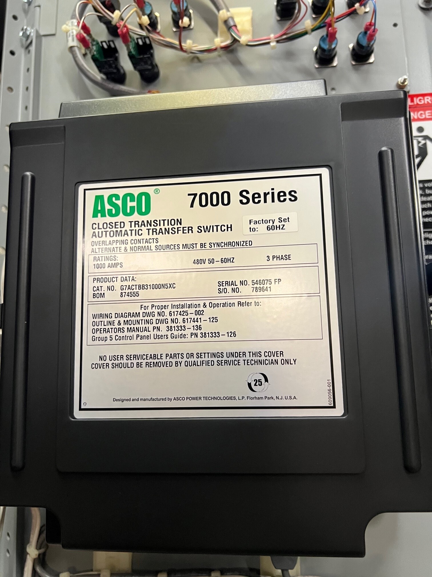 Like New ASCO 1000amp 480V Automatic Transfer Switch 546075 FP
