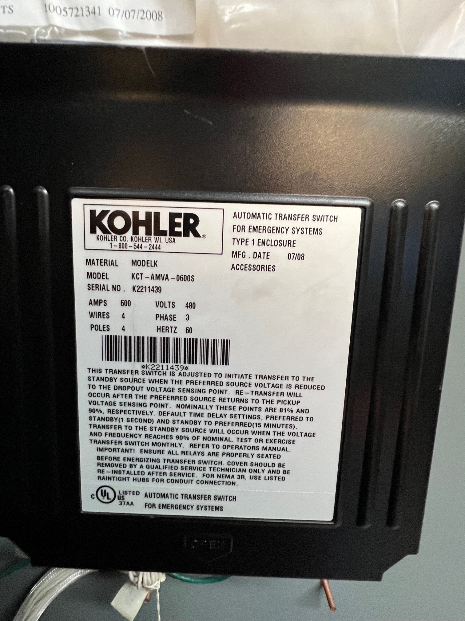 Used Kohler 600amp 480V Automatic Transfer Switch K2211439