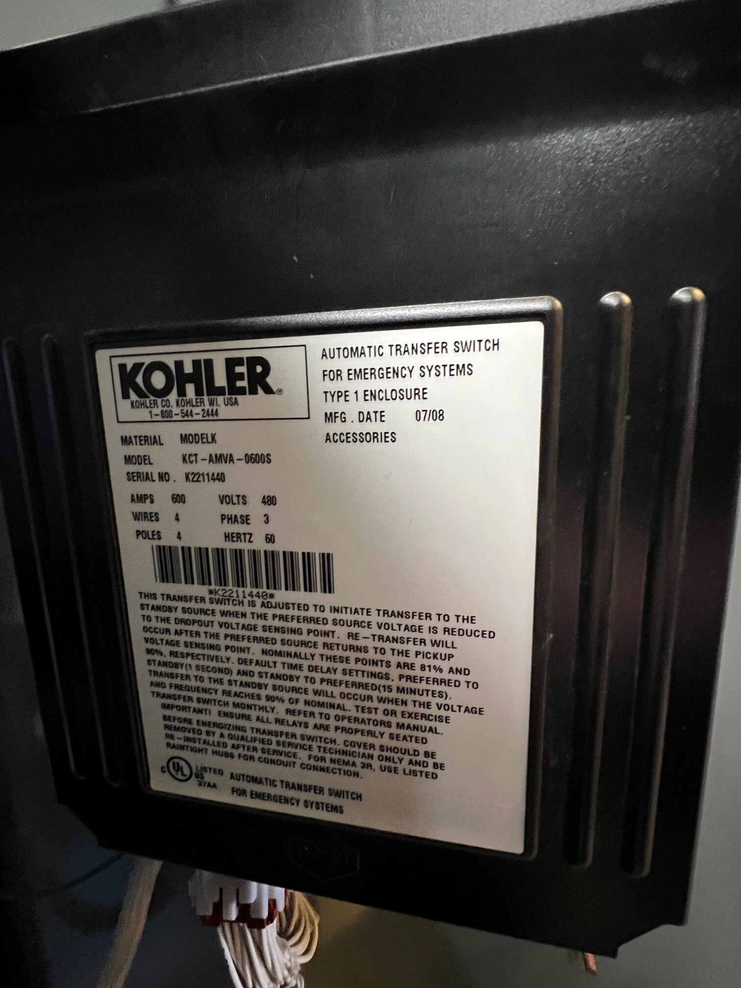 Used Kohler 600amp 480V Automatic Transfer Switch K2211440