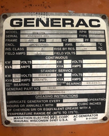 Used Generac 230kW Diesel Generator 230 993116