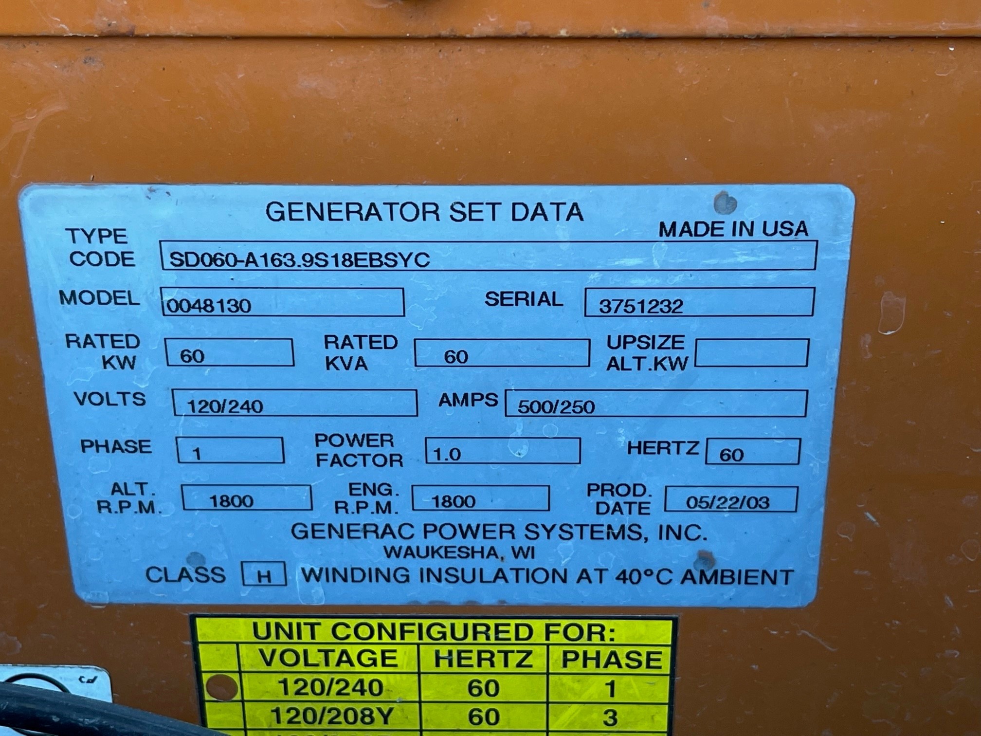 Used Generac SD060 Diesel Generator 60 3751232