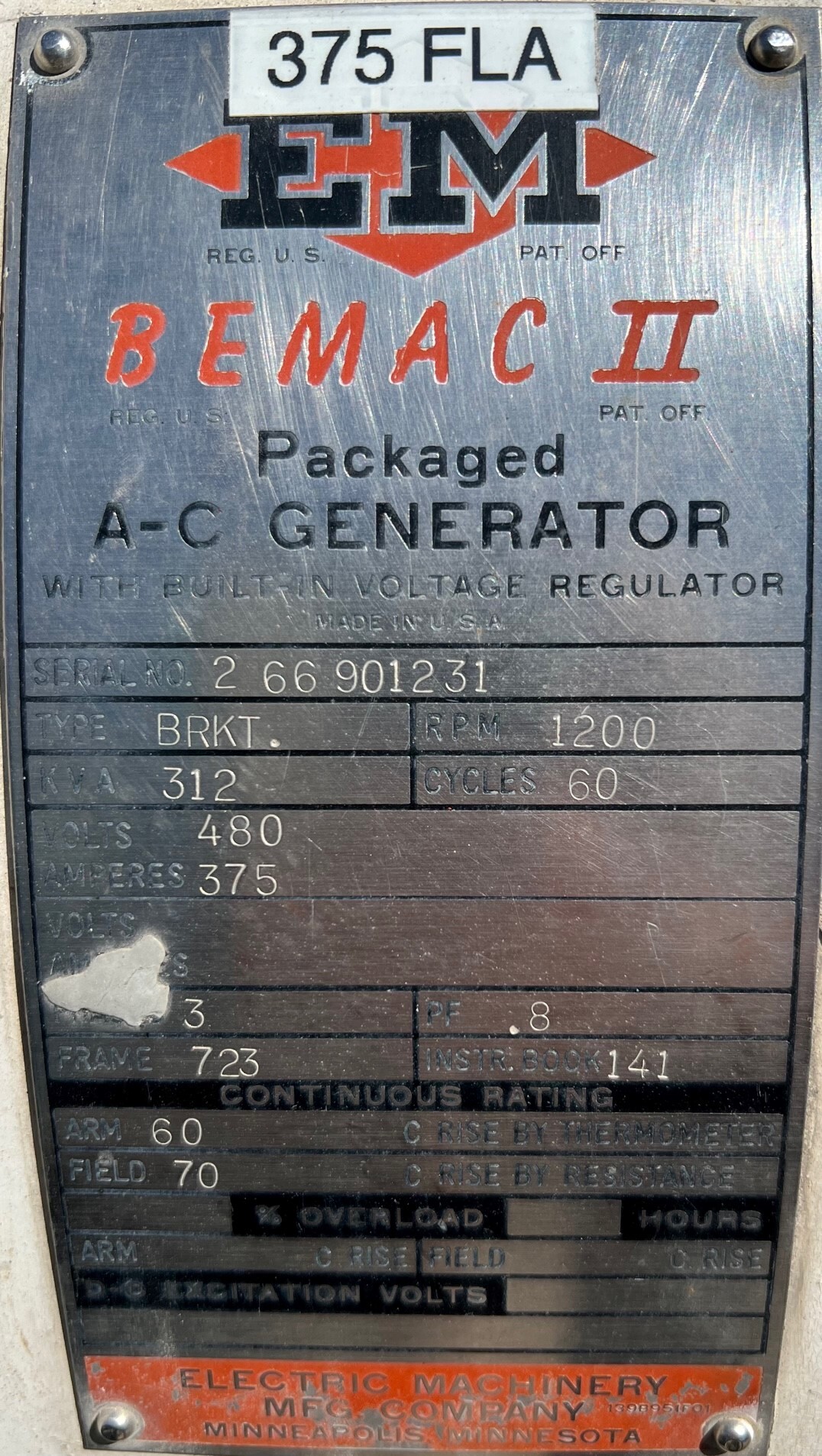 Low hours Bemac II 250kW Generator End 250 266901231