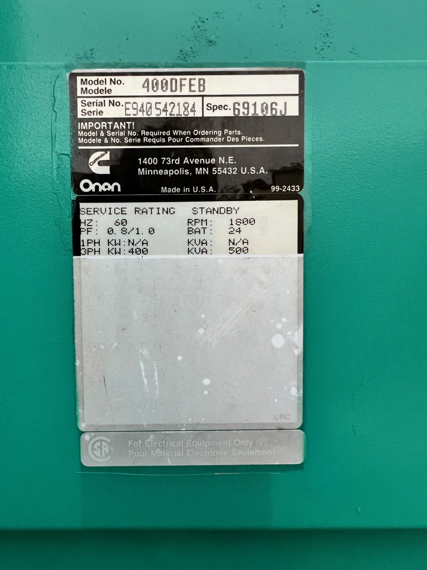 Used Cummins 400DFEB Diesel Generator 400 E940542184